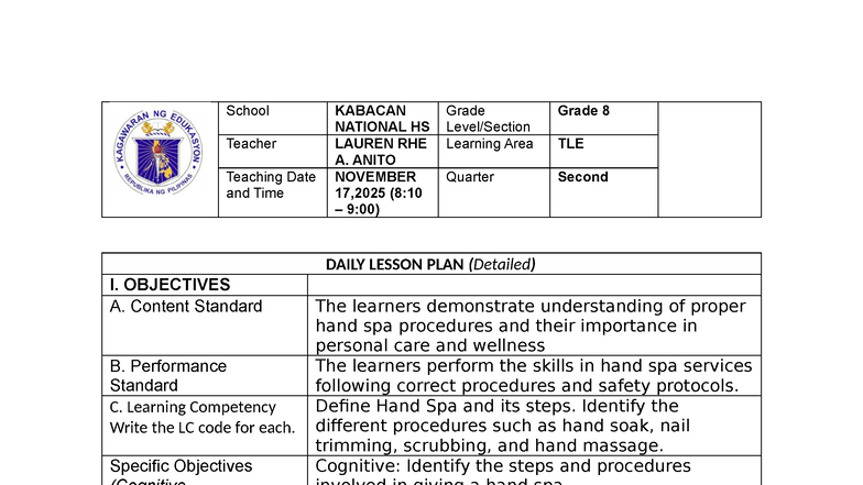 TLE 8 Daily Lesson Plan: Hand Spa Services - Anito-LAUR-2 - Studocu