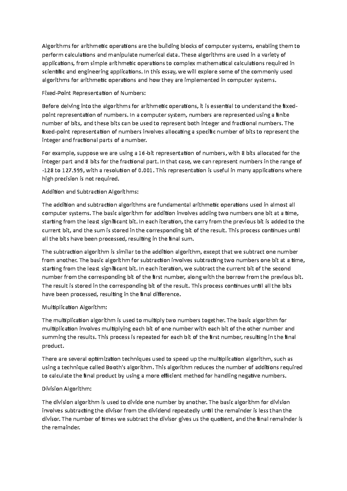 CS101: Algorithms for Arithmetic Operations - Overview & Optimization ...