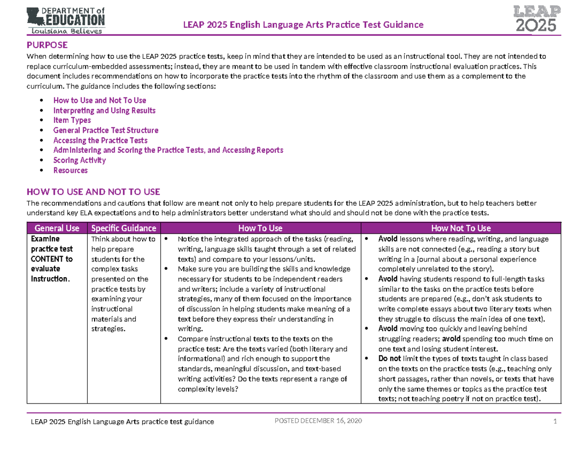 Leap 2025 ela practice test guidance - PURPOSE When determining how to ...