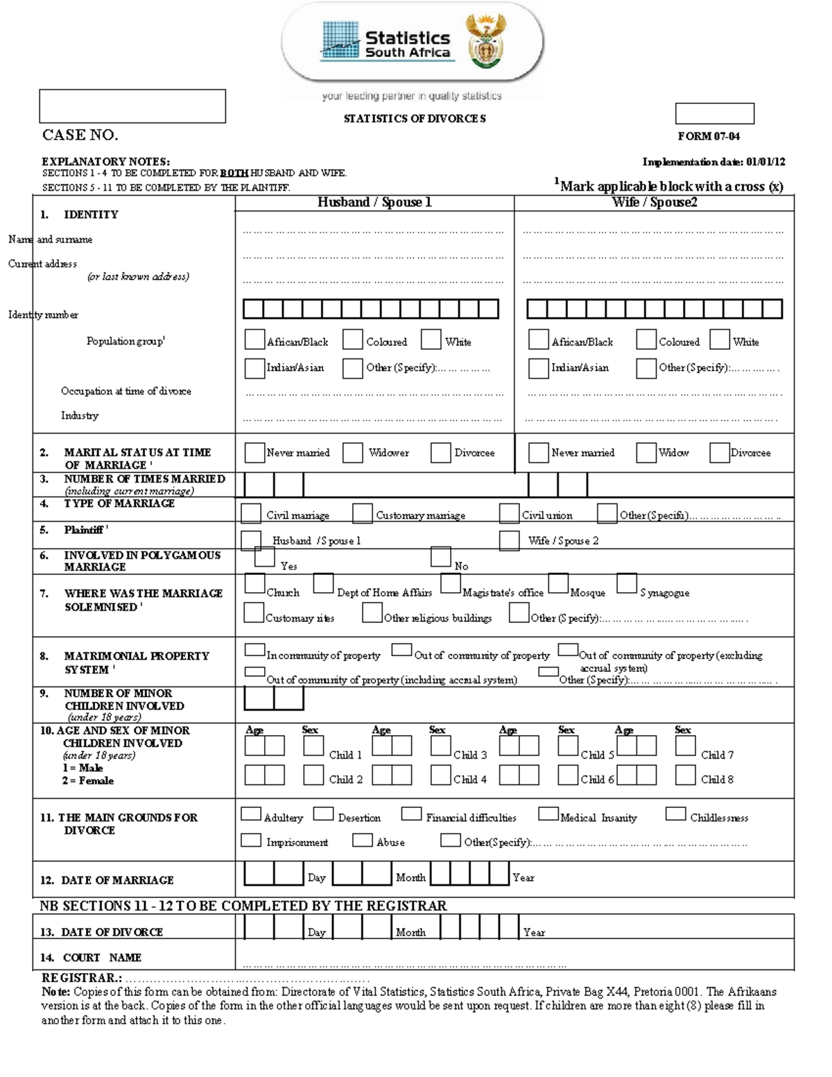 Divorce Statistics Form - CASE NO. 07 - Explanatory Notes and Sections ...