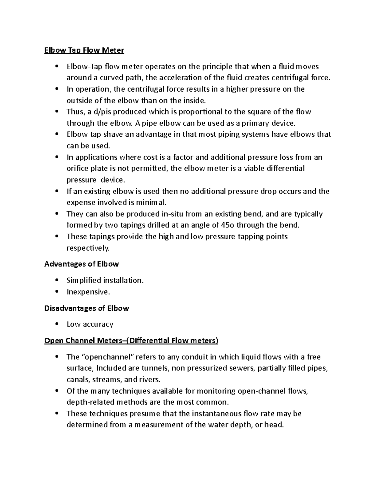 Elbow Tap Flow Meter and Open Channel Meter Overview - Studocu