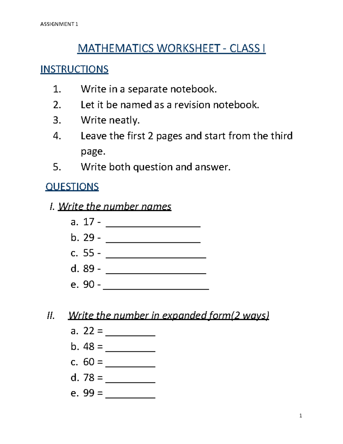 MATHEMATICS ASSIGNMENT 1 WORKSHEET FOR CLASS I - Studocu