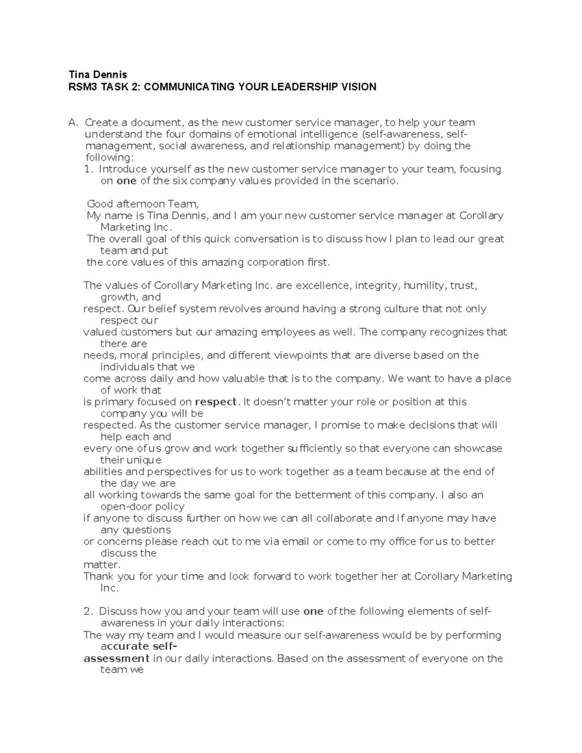 RSM3 TASK 2: Crafting a Compelling Leadership Vision for the Team - Studocu