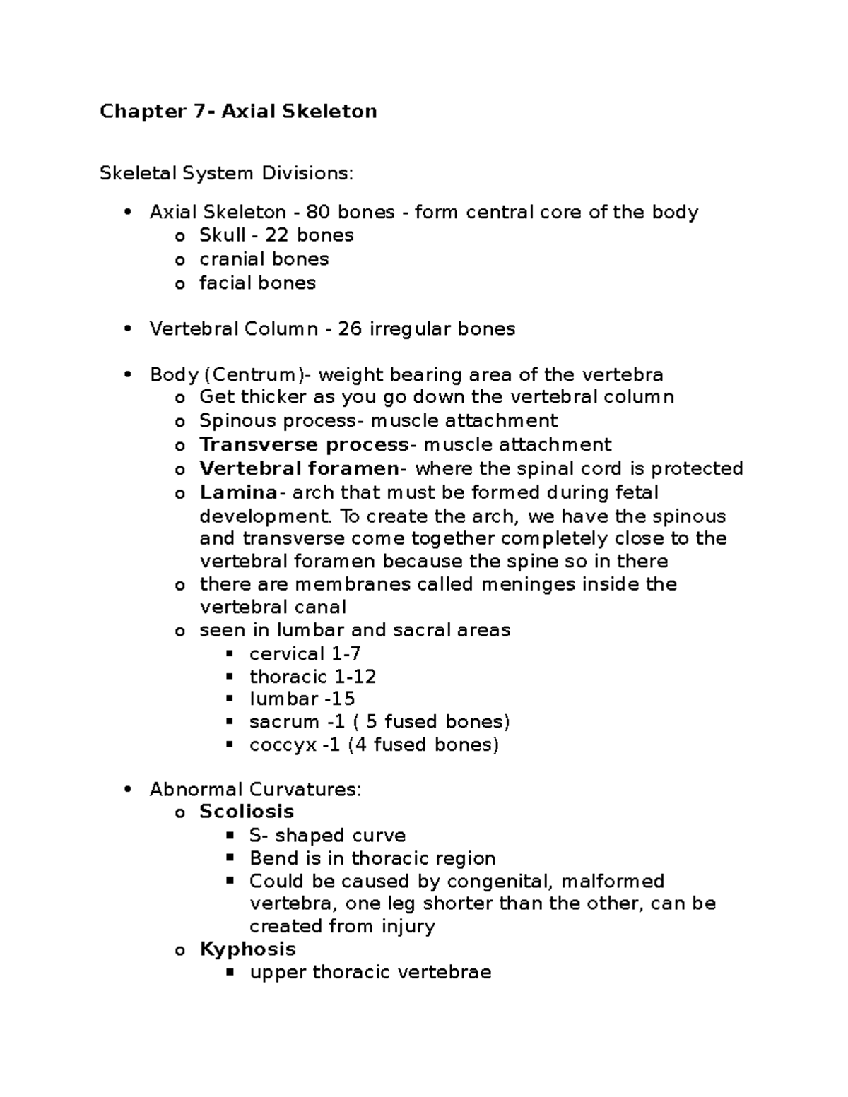 Chapter 7 - Chapter 7- Axial Skeleton Skeletal System Divisions: Axial ...