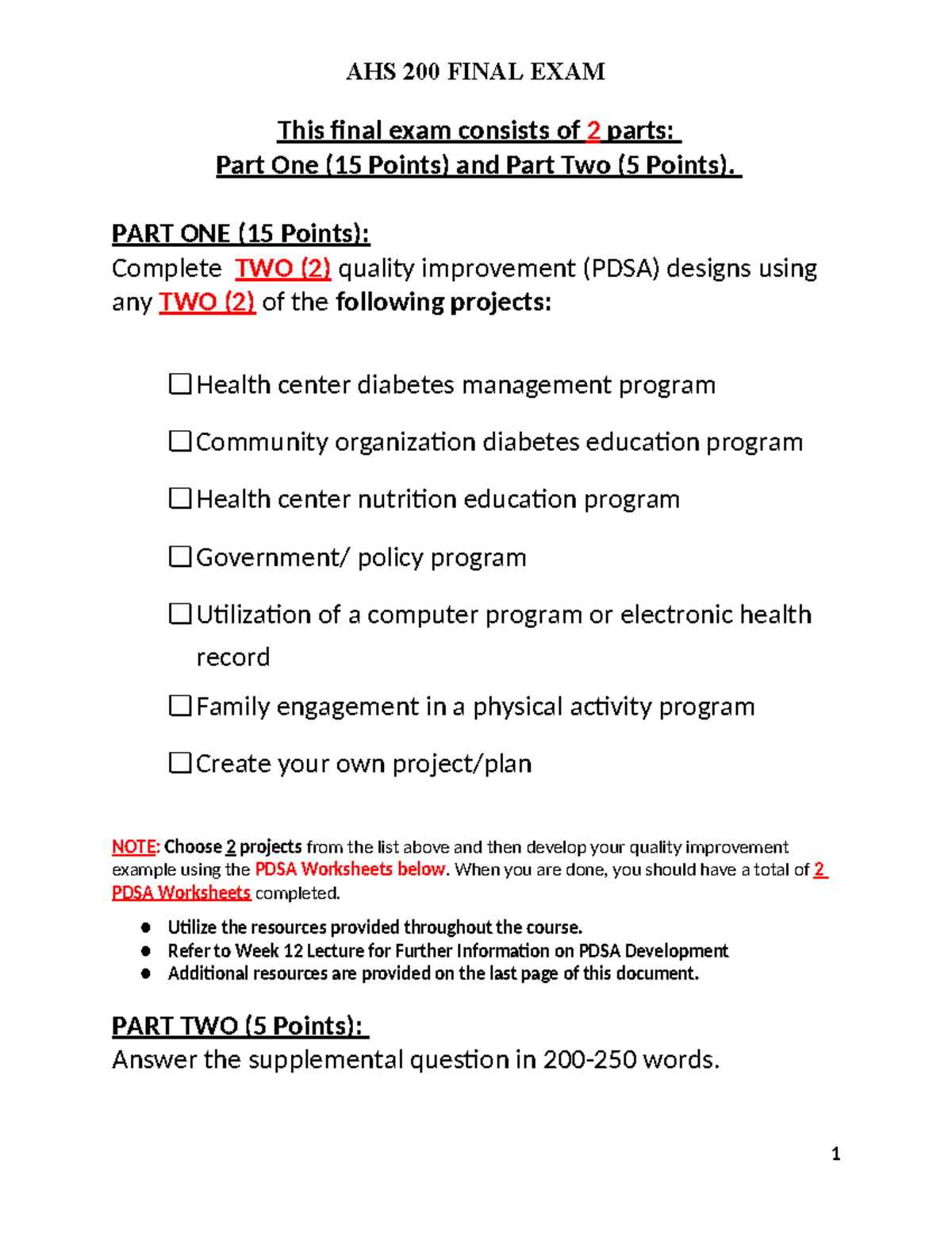 AHS 200 - Spring 2024 Final Exam: PDSA Worksheet and Reflection - Studocu