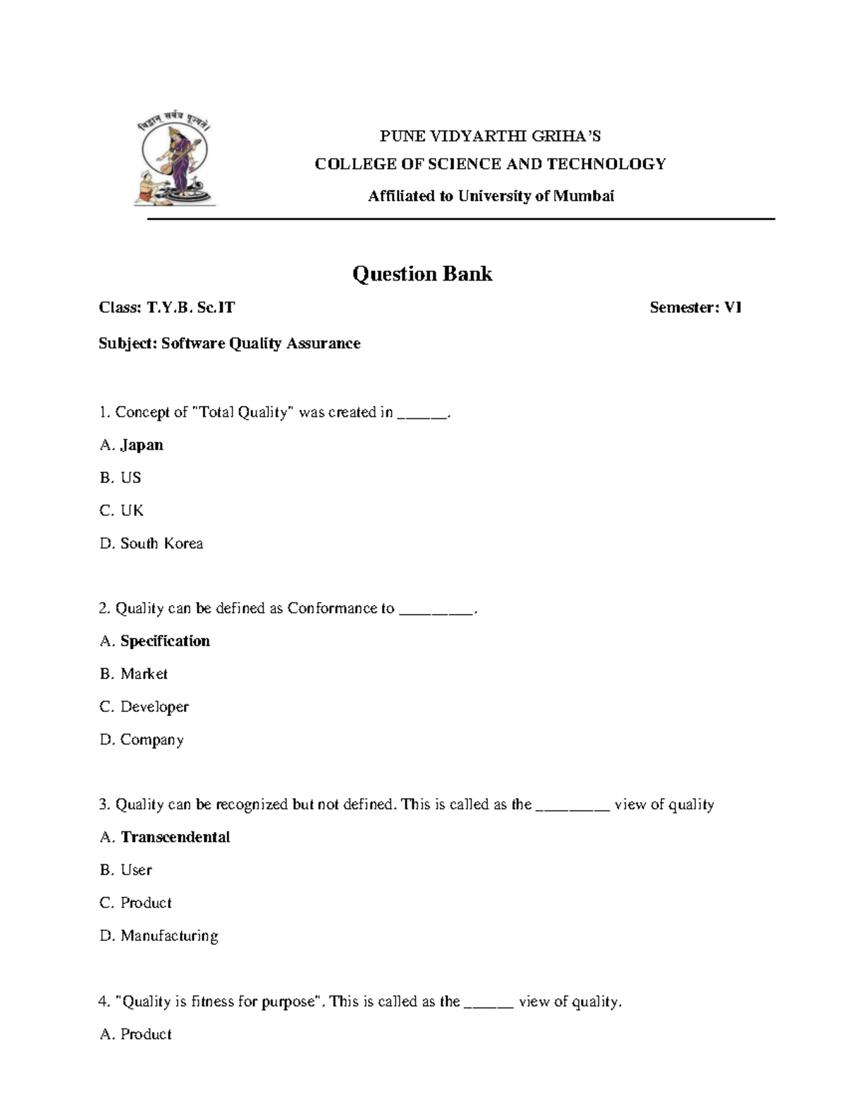 TYIT Sem 6 Quiz Question Bank for Software Quality Assurance - Studocu