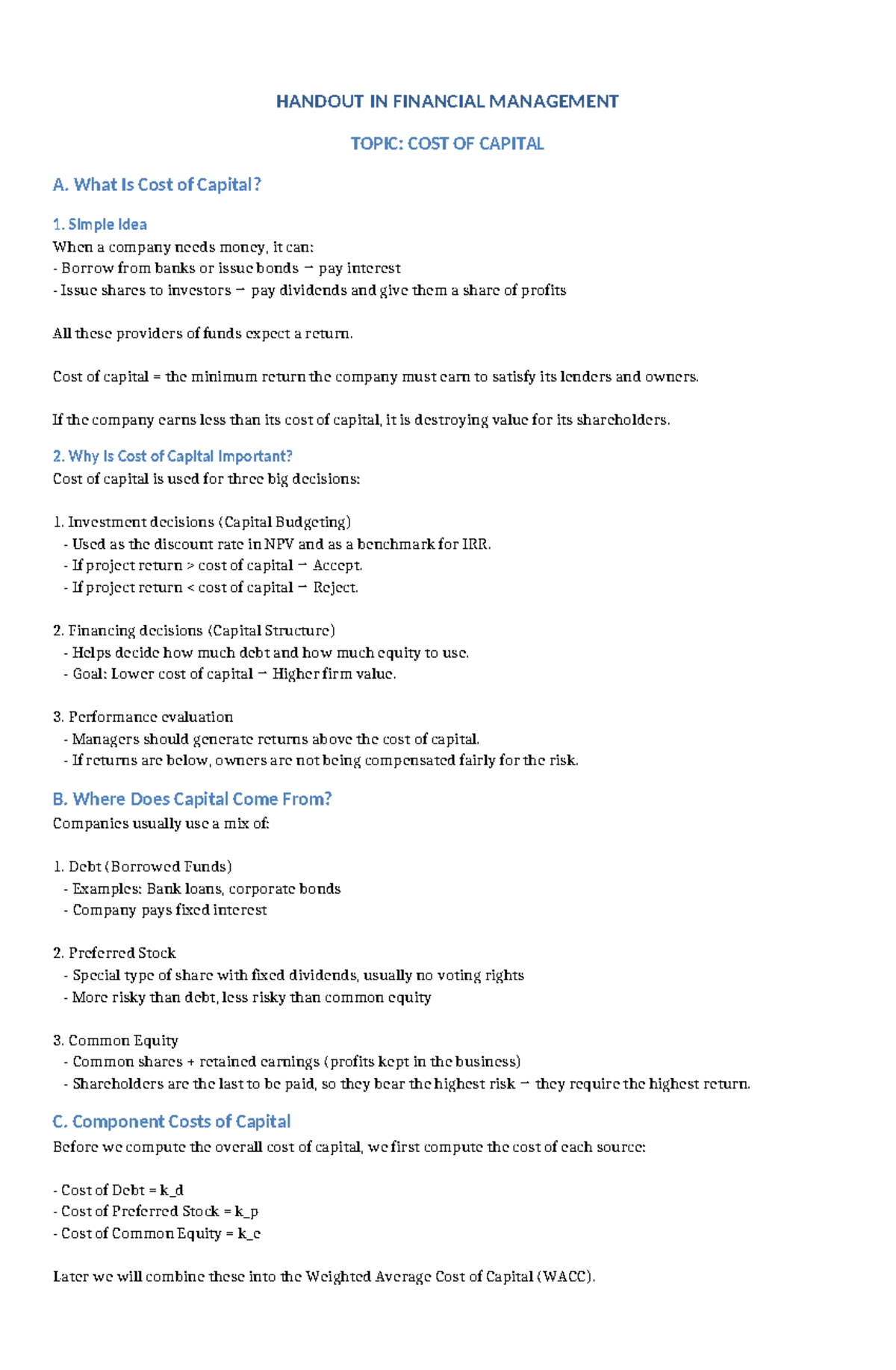 Cost of Capital Handout for FIN 301: Key Concepts and Calculations ...