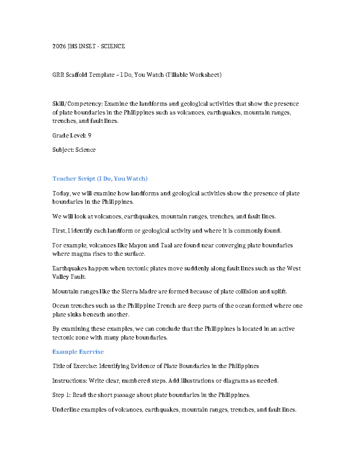 2026 JHS Science GRR: Plate Boundaries in the Philippines Worksheet ...