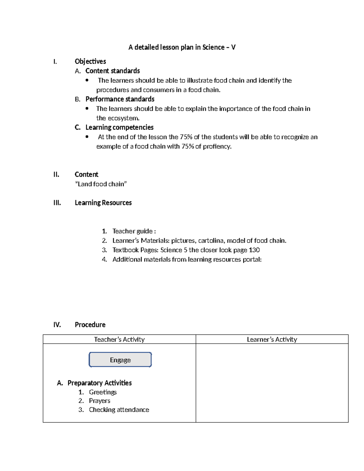 Science Grade 5 - Lecture - A detailed lesson plan in Science – V I ...
