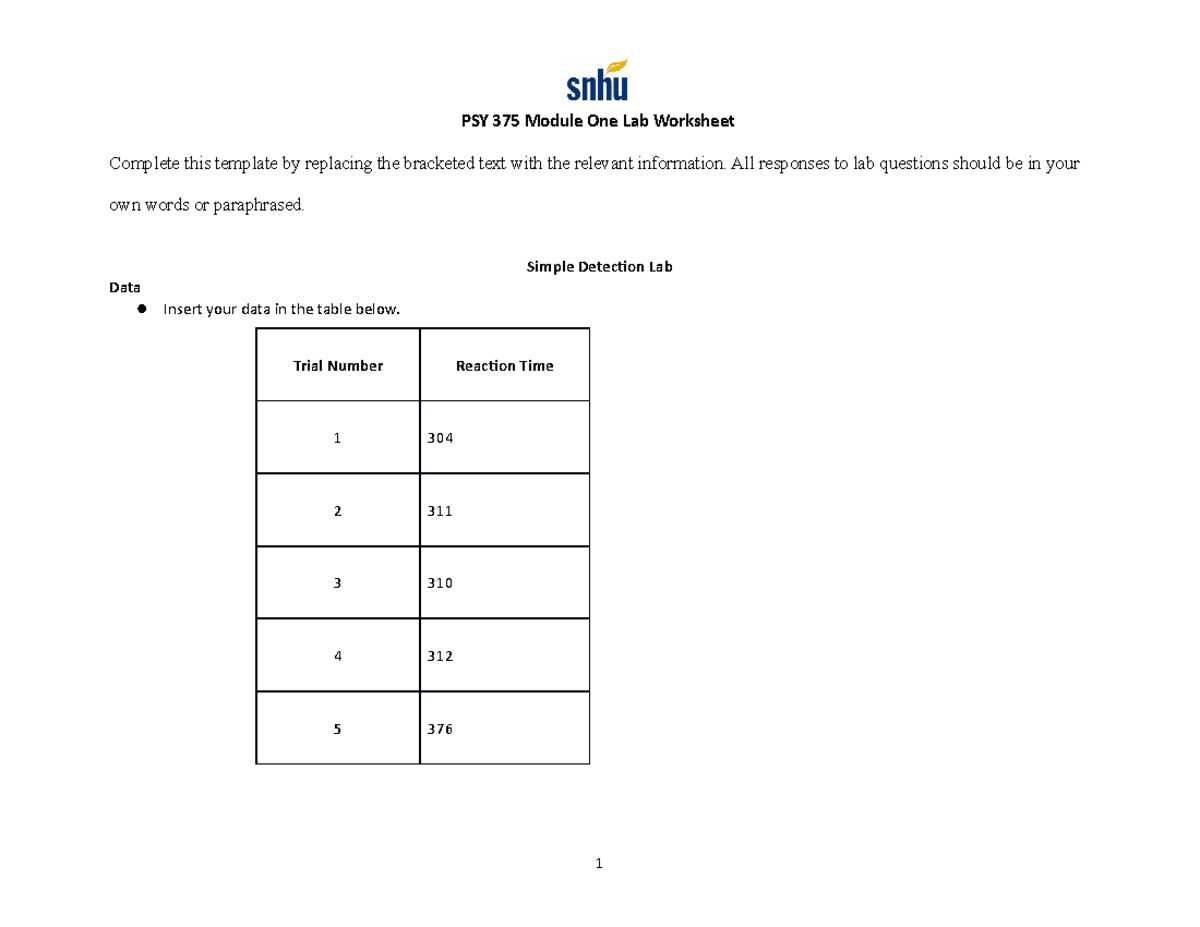 PSY 375 Module One Lab Worksheet - PSY 375 Module One Lab Worksheet ...