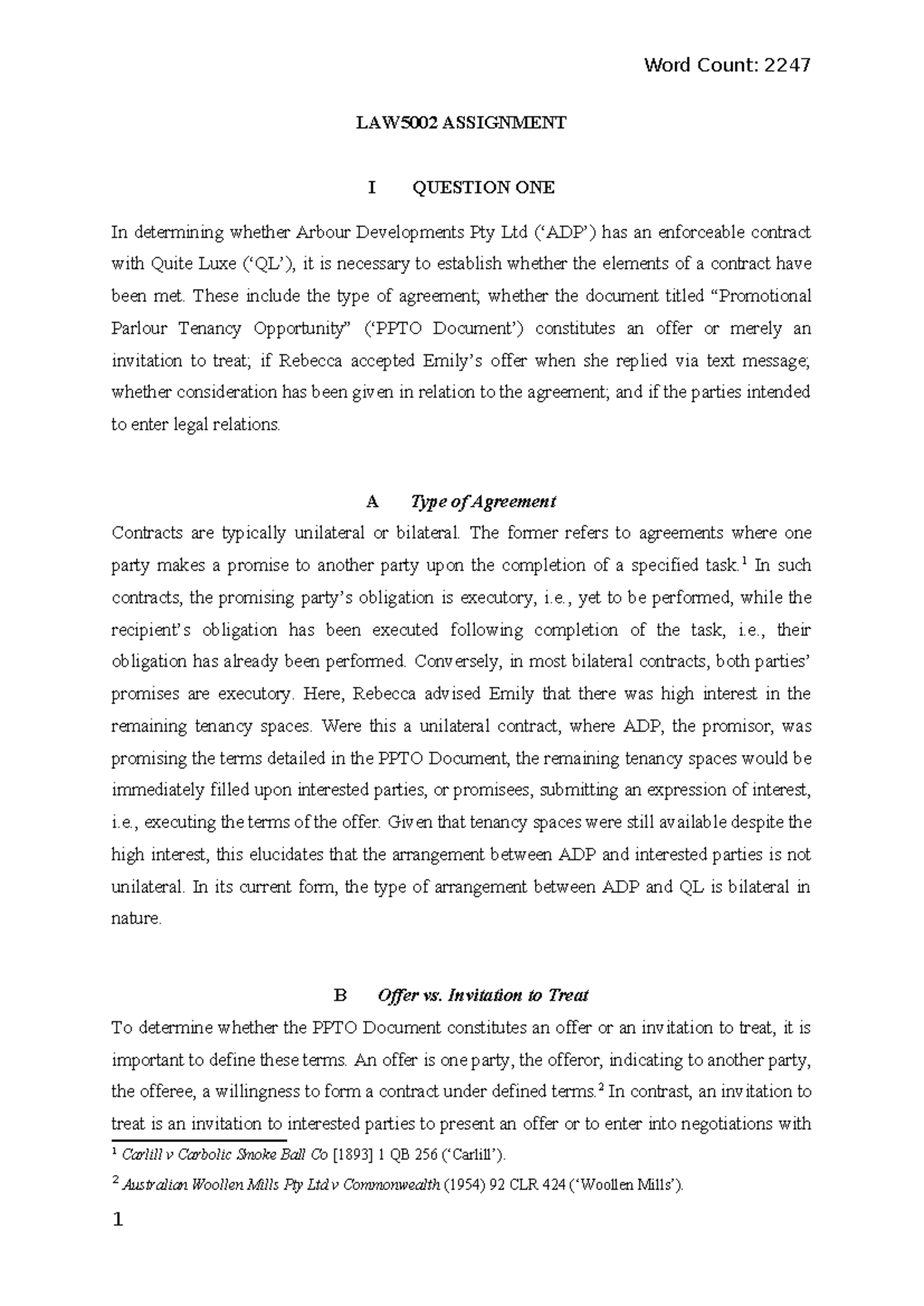 LAW5002 ASSIGNMENT I: Enforceability of Contract Between ADP and QL ...