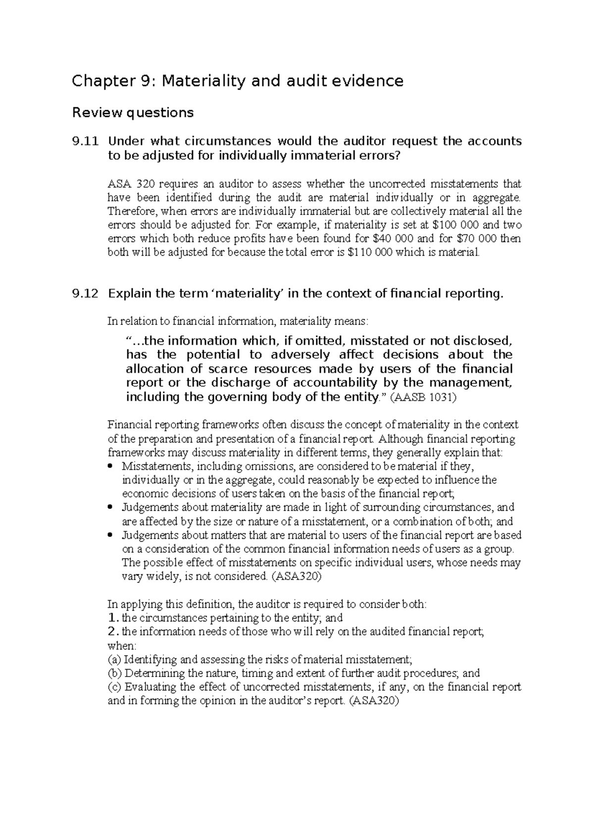 Chapter 9: Materiality and Audit Evidence - Tutorial Questions ...