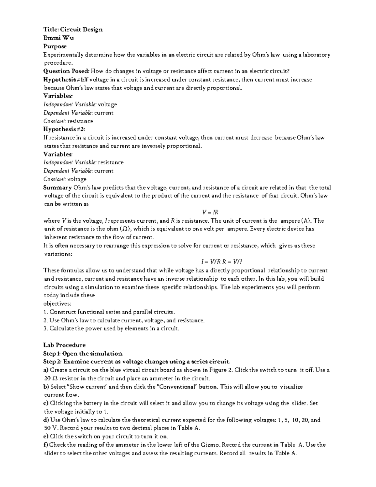 Lab Circuit Design Lab Title Circuit Design Emmi Wu Purpose Experimentally Determine How