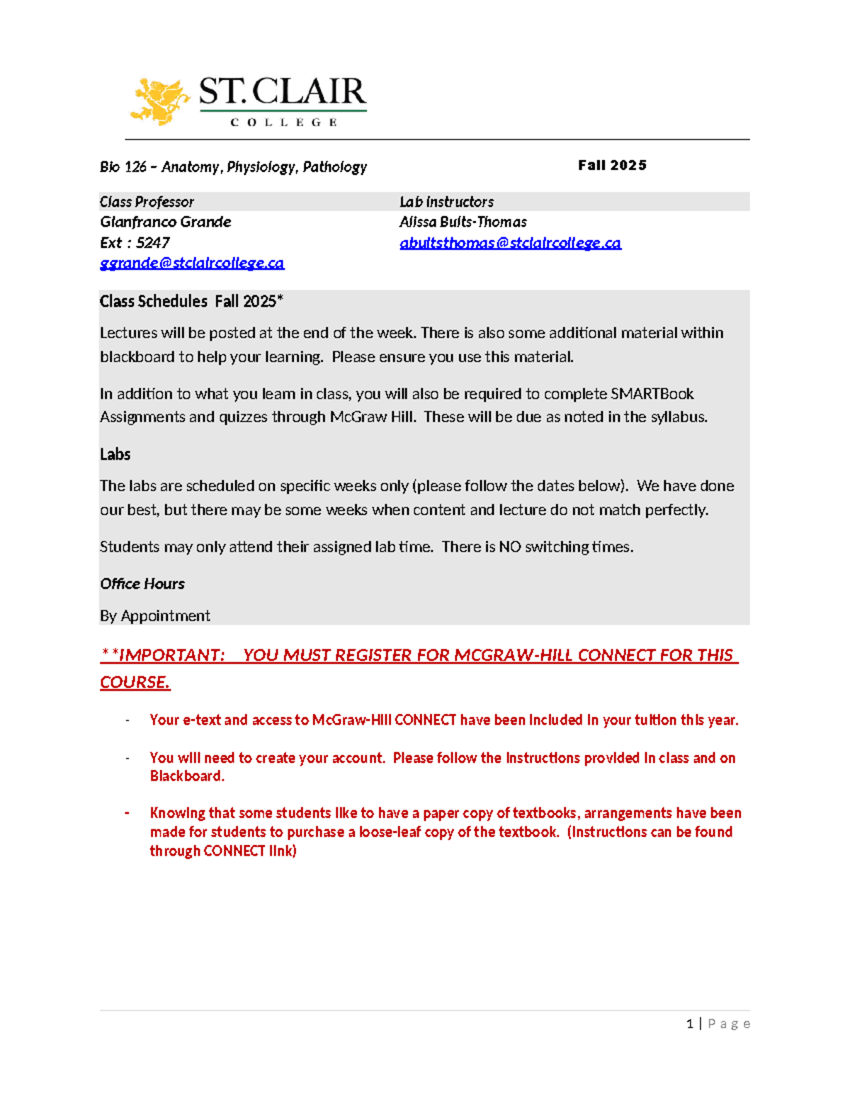 BIO 126 Fall 2025 Syllabus: Anatomy, Physiology & Pathology - Studocu