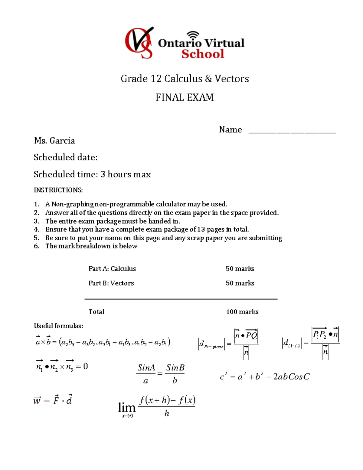 MCV4U Final Exam Practice - Grade 12 Calculus & Vectors - Studocu