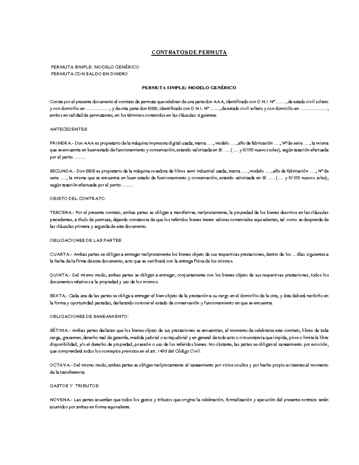 Contrato de Permuta Simple: Modelo Genérico y Obligaciones - Studocu
