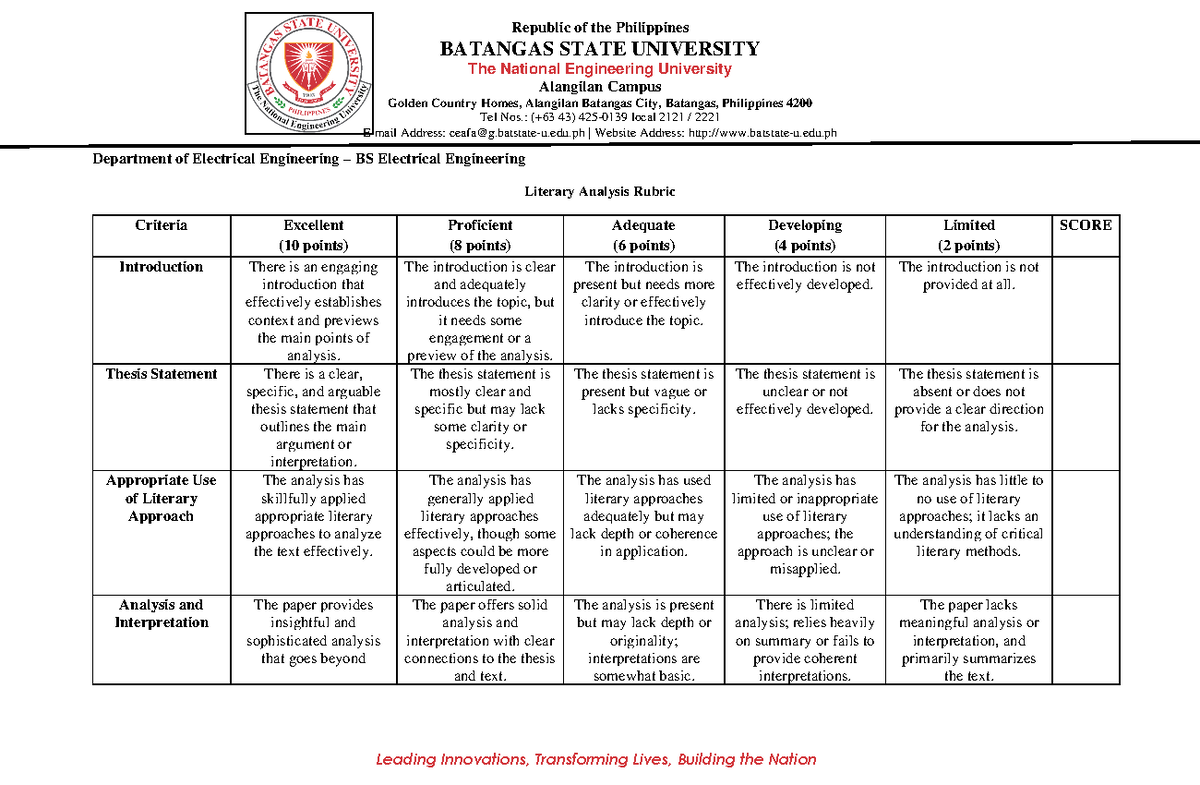 Literary Analysis Rubric for BS Electrical Engineering (EE 101) - Studocu