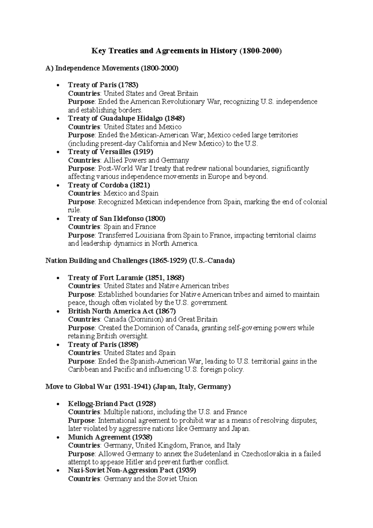 Key Treaties and Agreements in History (1800-2000) Overview - Key ...