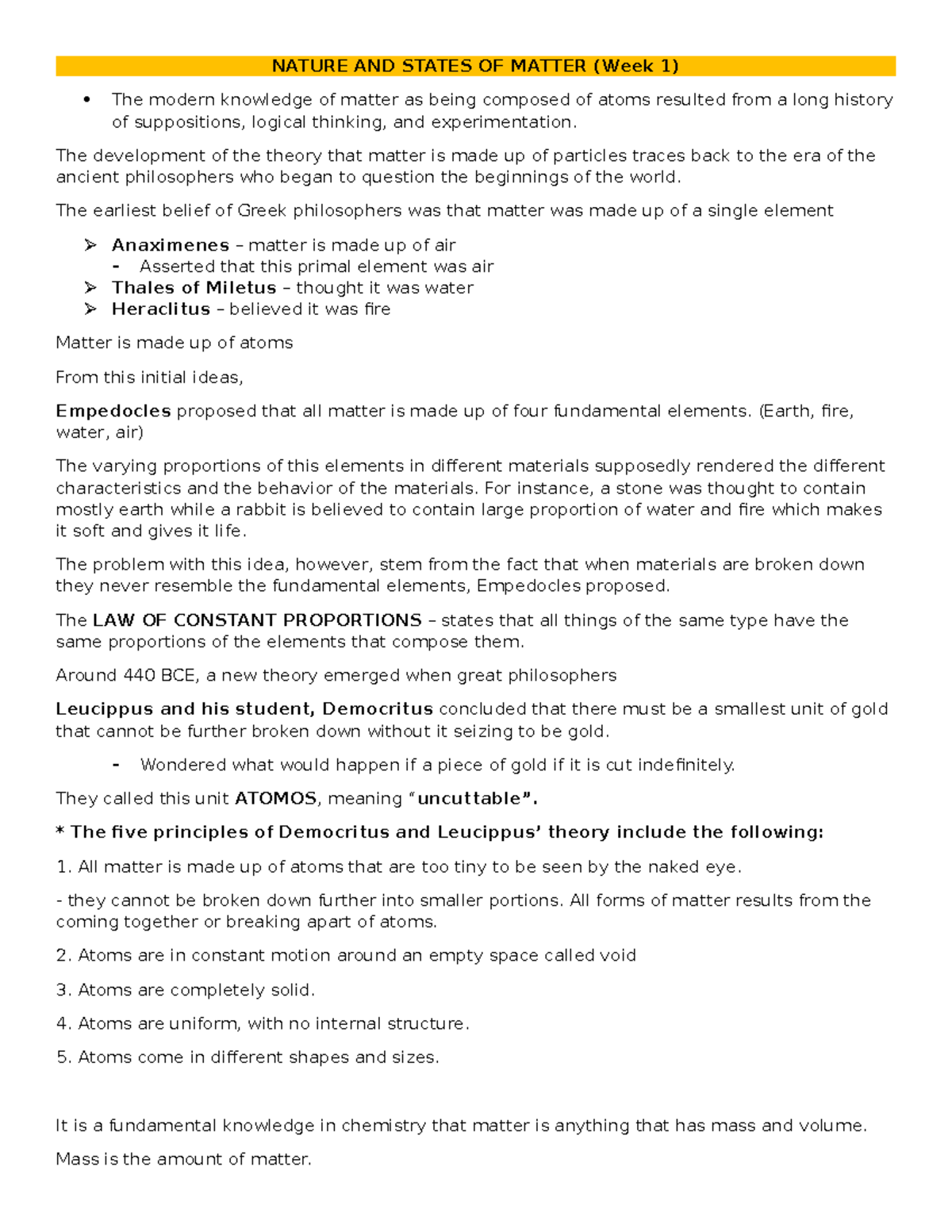 General Chemistry 1 - NATURE AND STATES OF MATTER (Week 1) The modern ...