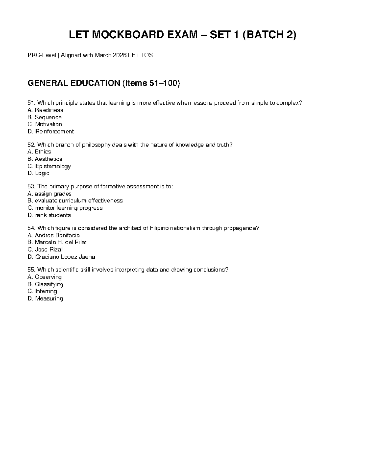 LET Mockboard Exam Set 1 (Batch 2) - PRC Level Review - Studocu