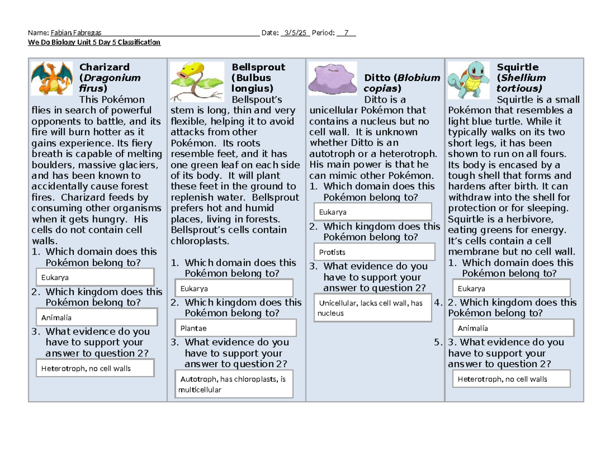 Bio HW - Unit 5 Day 5 Classification of Pokémon (Biology) - Studocu