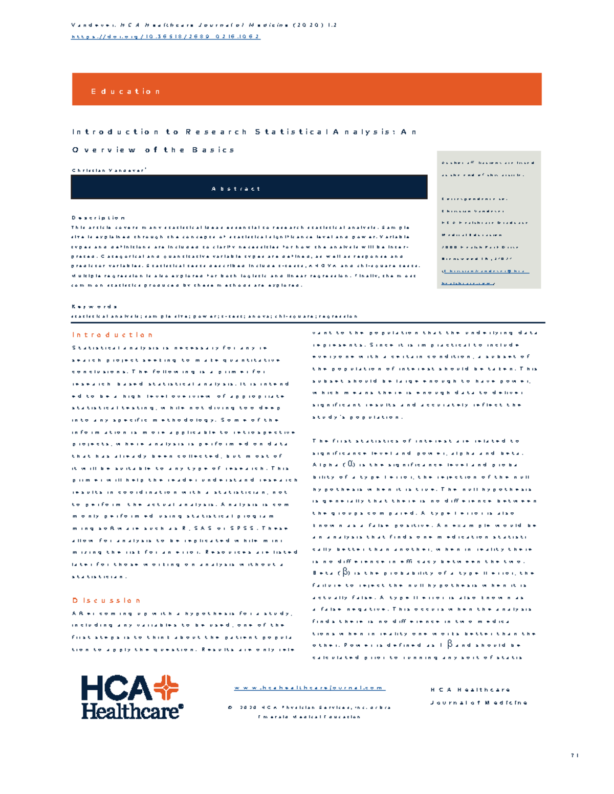 Introduction to Statistical Analysis in Research: A Primer (HCA 2020 ...