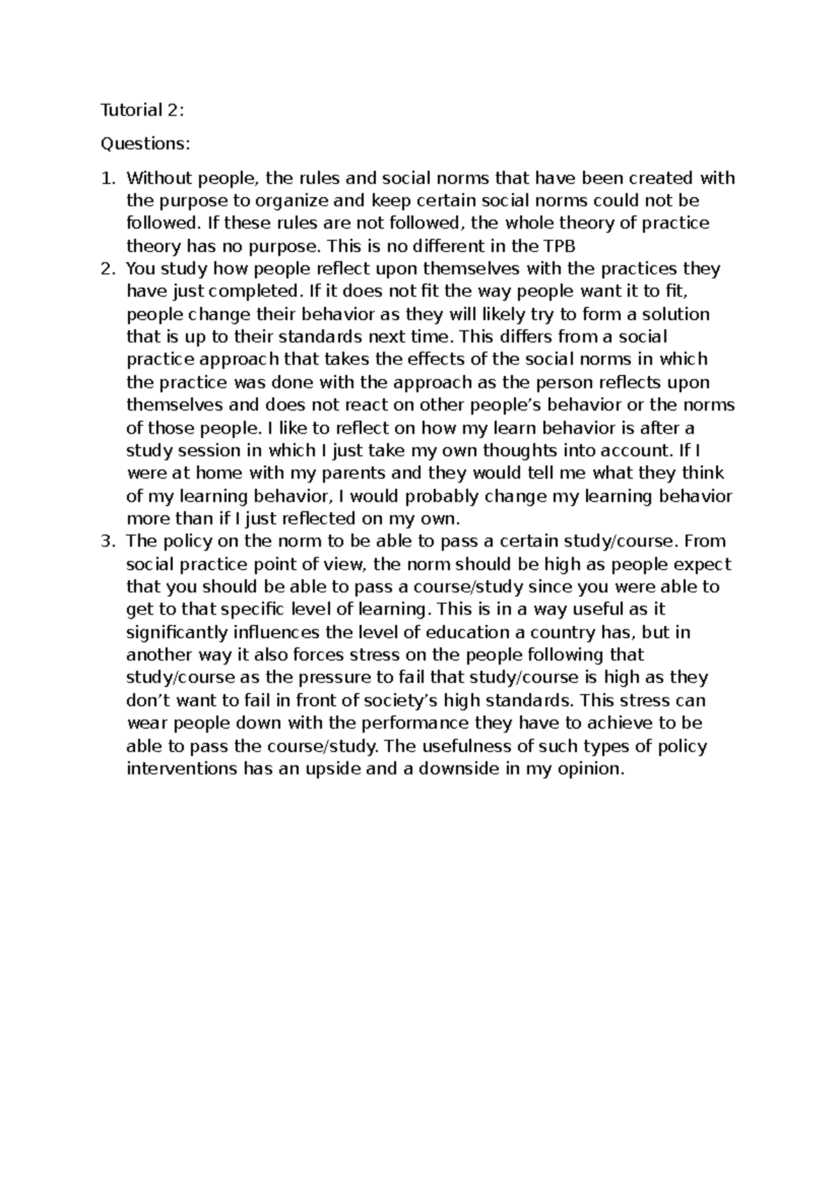 Tutorial 2: Reflections on Social Norms and Learning Behavior - Studeersnel