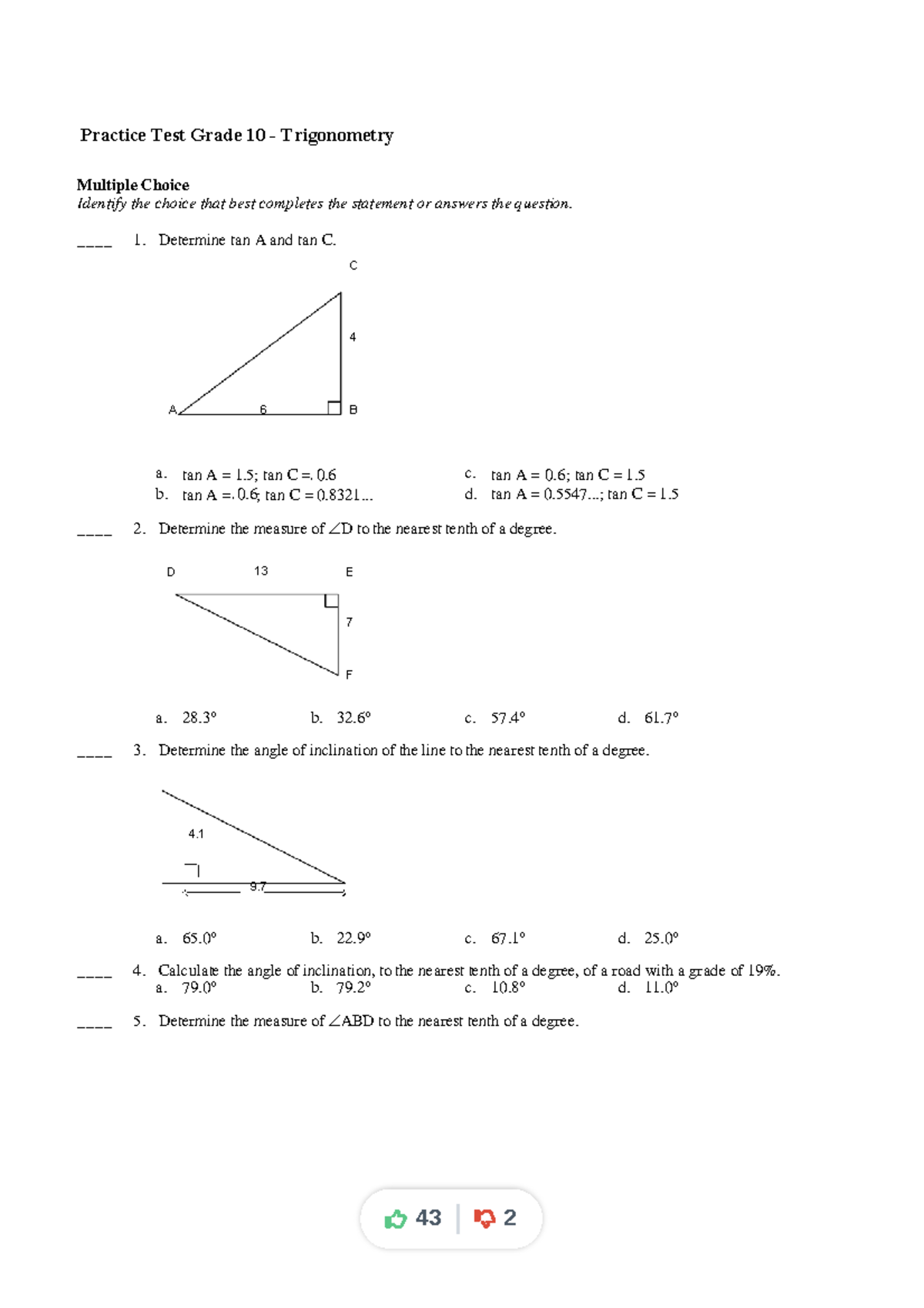 Math 10 - Trigonometry Practice Test with Solutions - Studocu