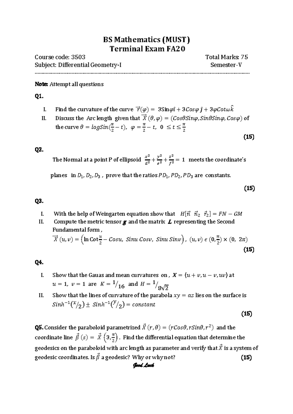 BS Mathematics (MUST) Differential Terminal Exam FA20 - Course 3503 ...