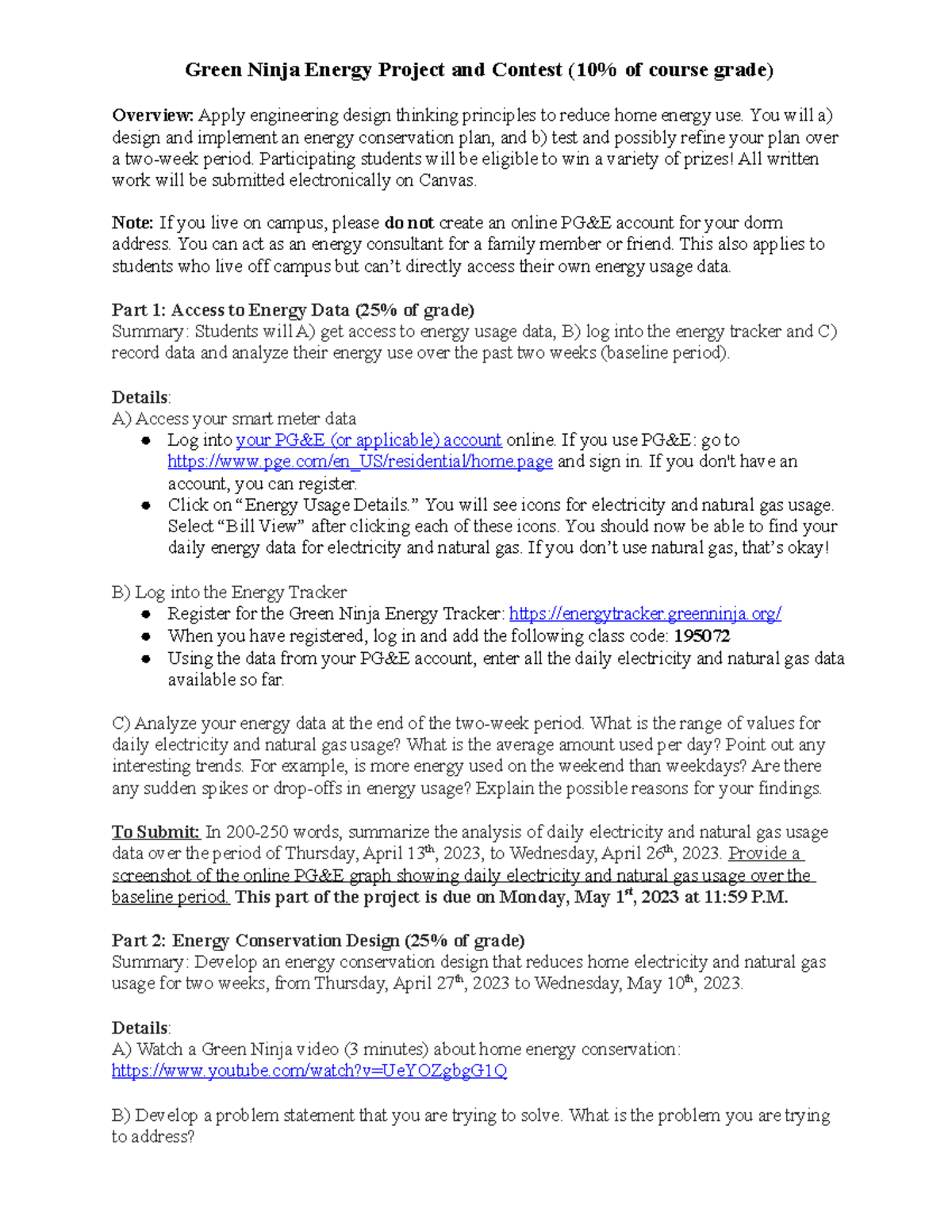 Green Ninja Energy Project (ENGR 101) - Contest & Energy Conservation ...