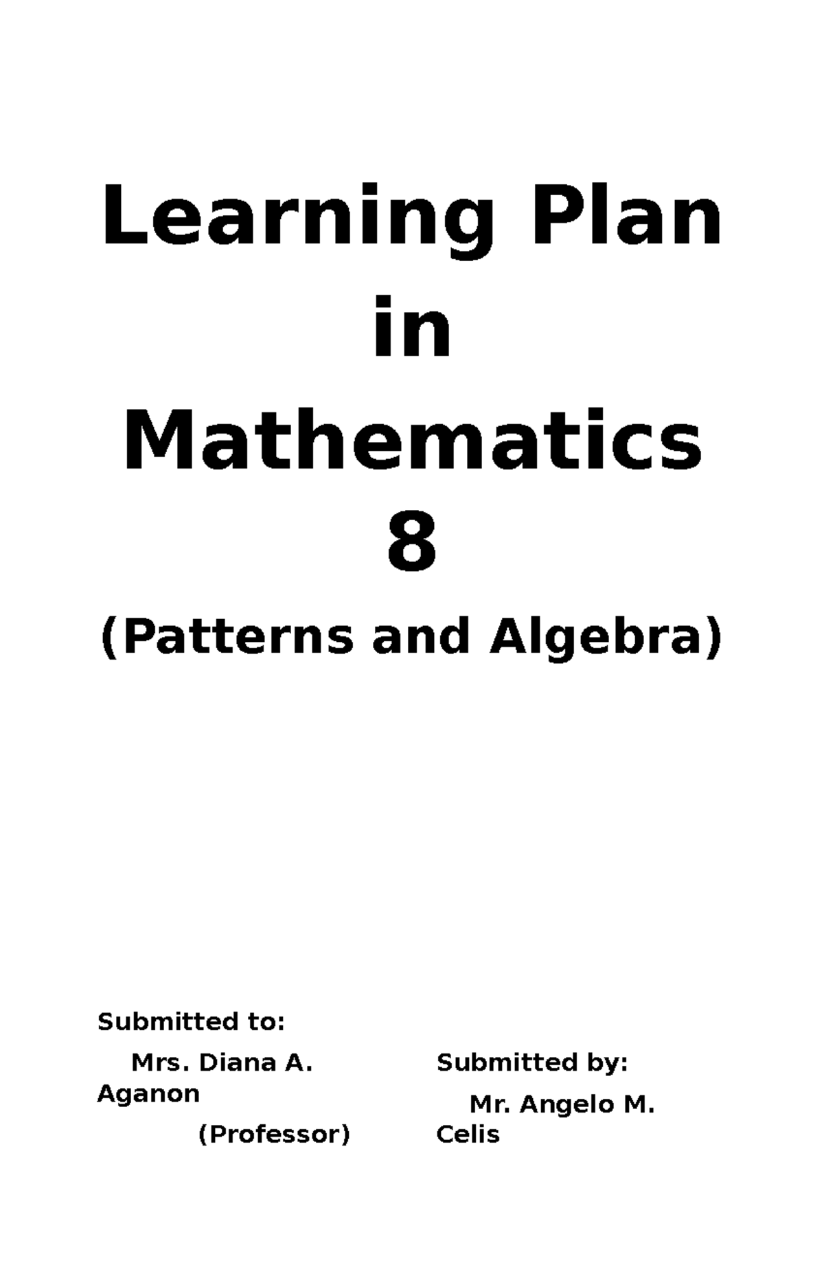 Learning Plan for Patterns and Algebra - Mathematics 8 - Studocu