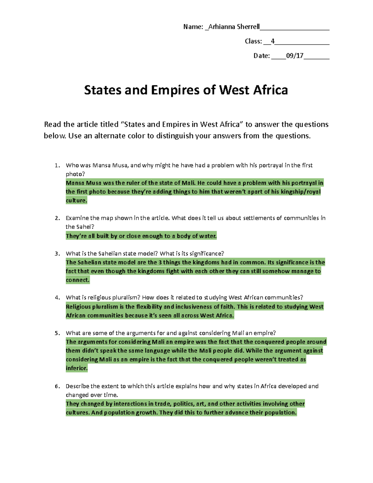 States and Empires of West Africa - Name: Arhianna Sherrell ...