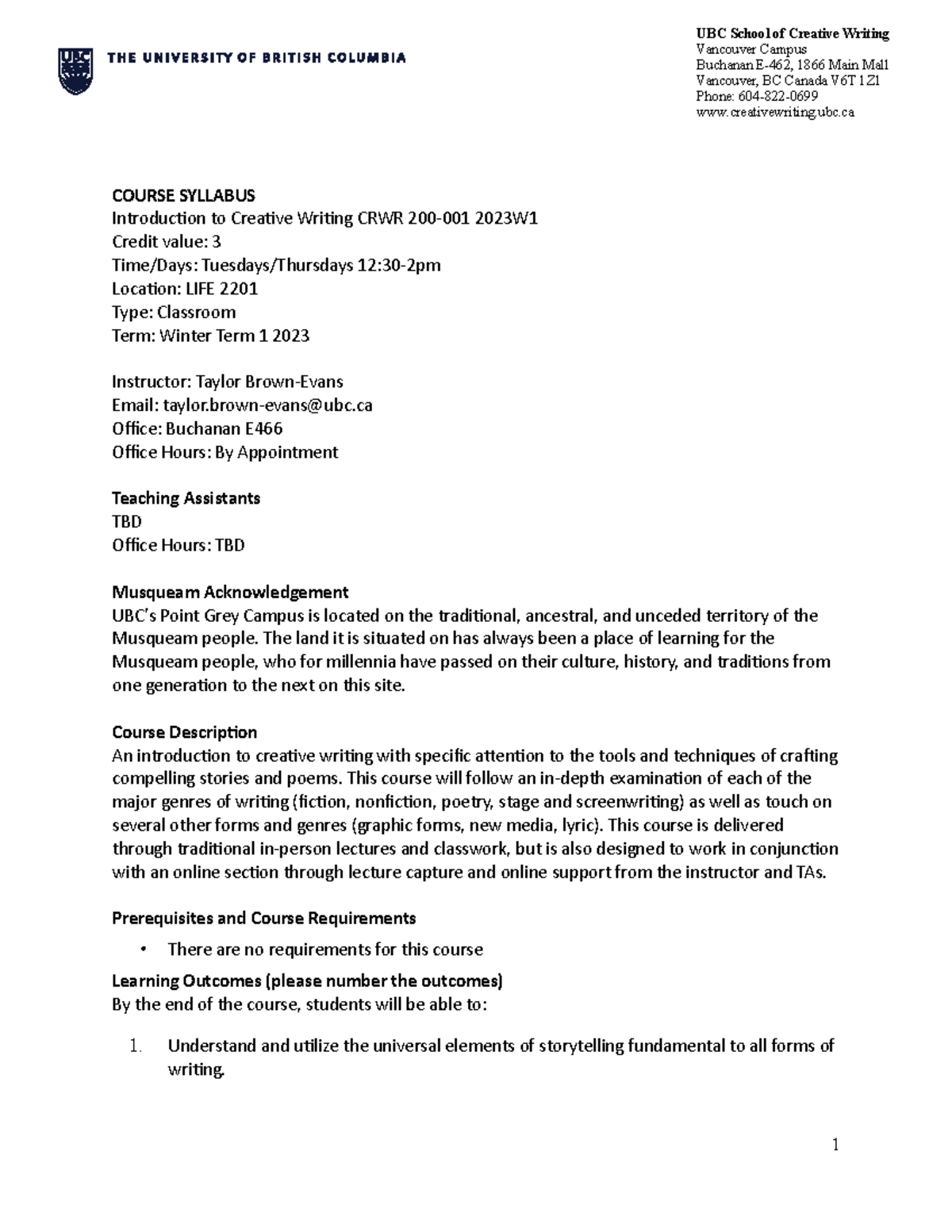 CRWR200 Syllabus - Introduction to Creative Writing 2023W - Studocu