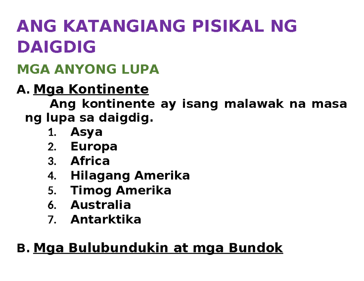 ANG Katangiang Pisikal ng Daigdig: Mga Anyong Lupa at Klima - Studocu