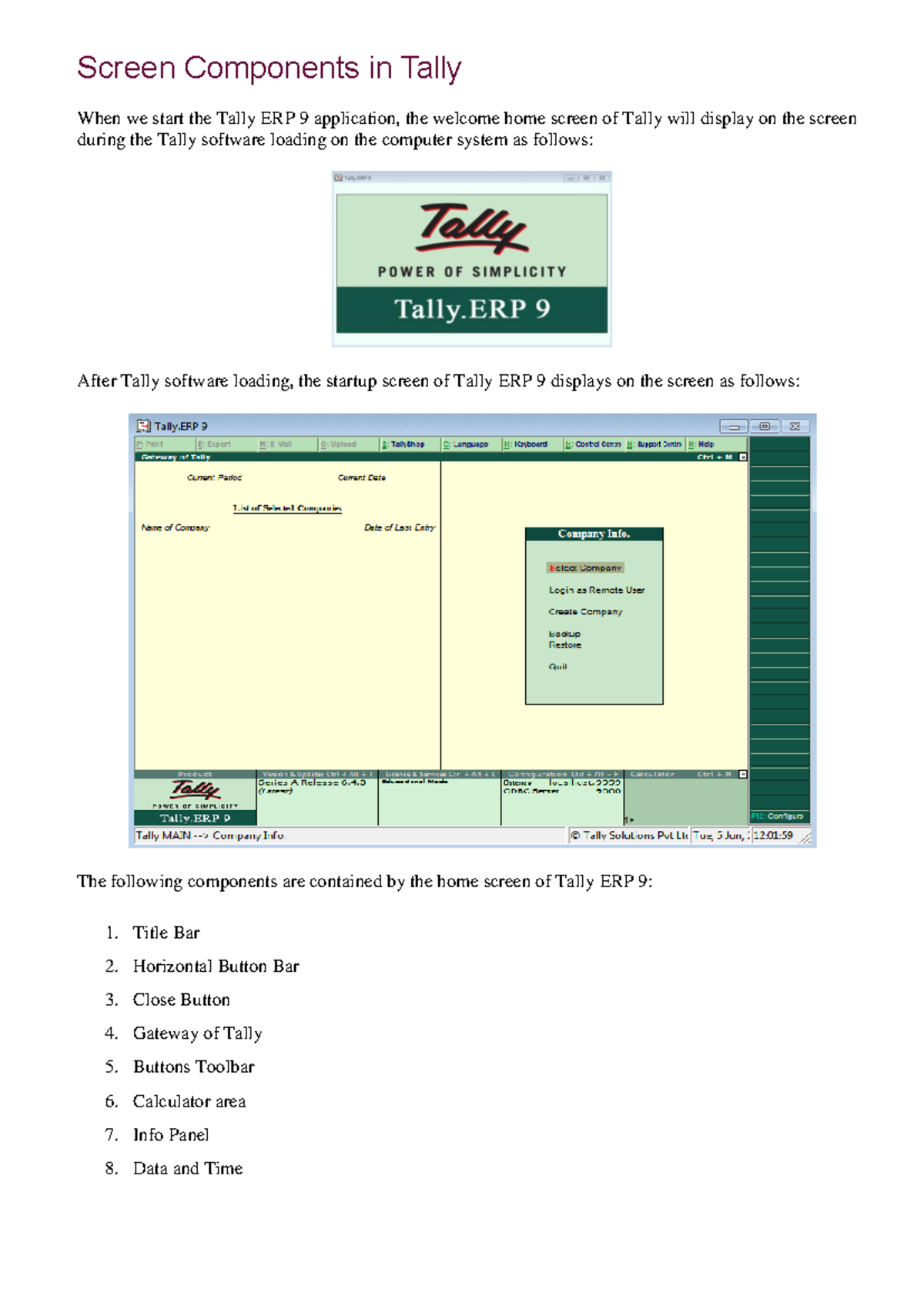 Tally ERP 9 Screen Components and Configurations Overview - Studocu