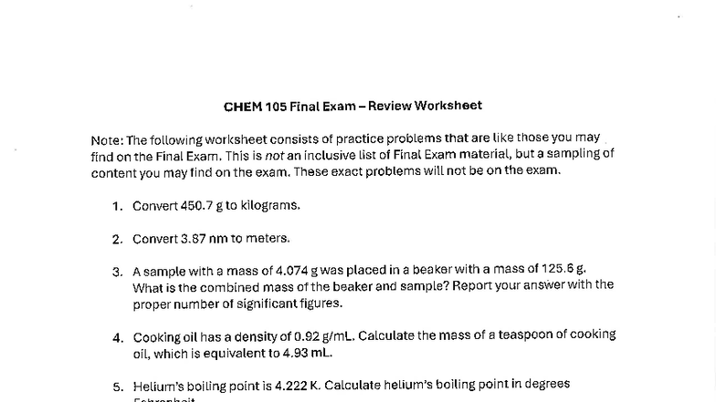 CHEM 105 Final Exam Review Worksheet Key - Studocu