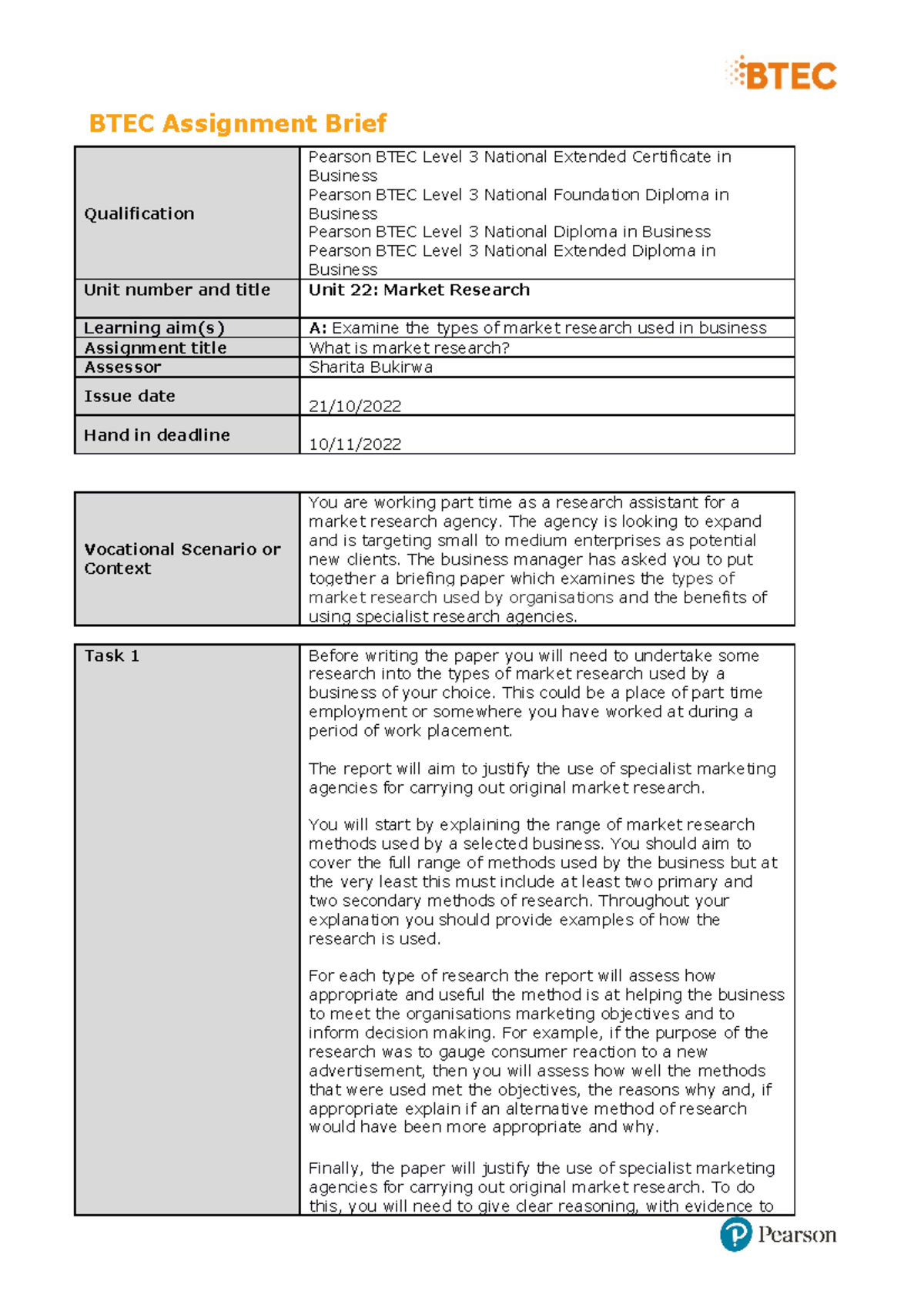 Unit 22: Market Research - Learning Aim A Briefing Paper - Studocu