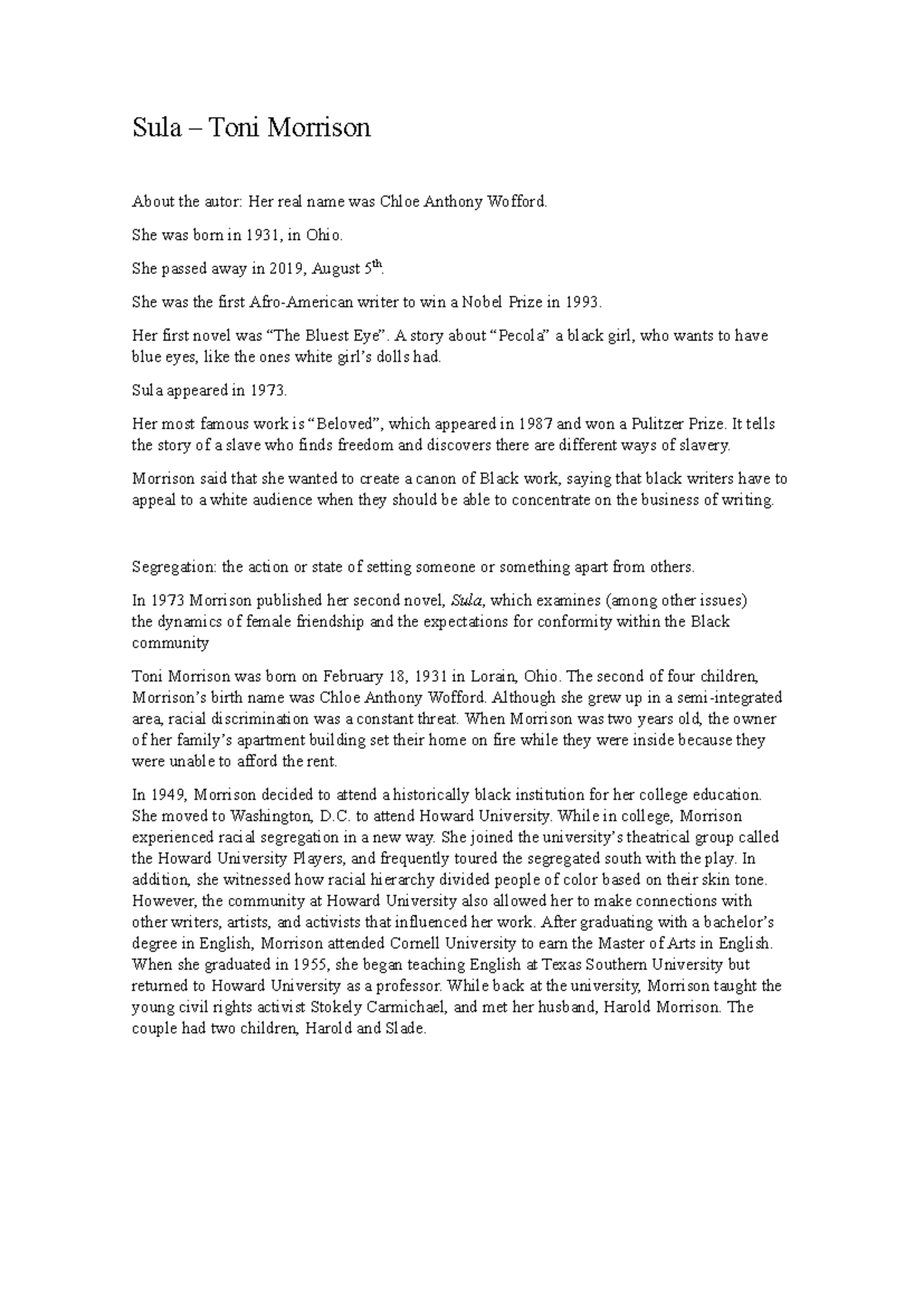 Sula: An Analysis of Toni Morrison's Masterpiece - Studocu