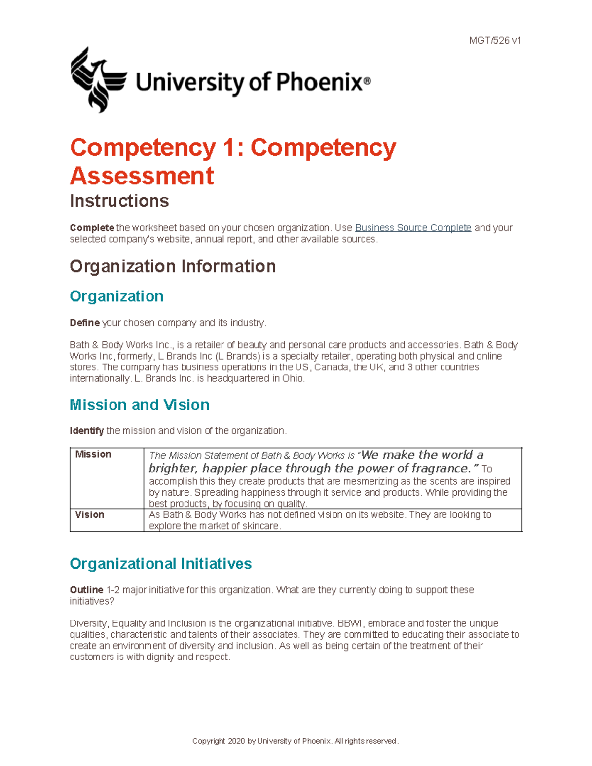 MGTCB 526 Competency 1: Org Analysis of Bath & Body Works Inc. - Studocu