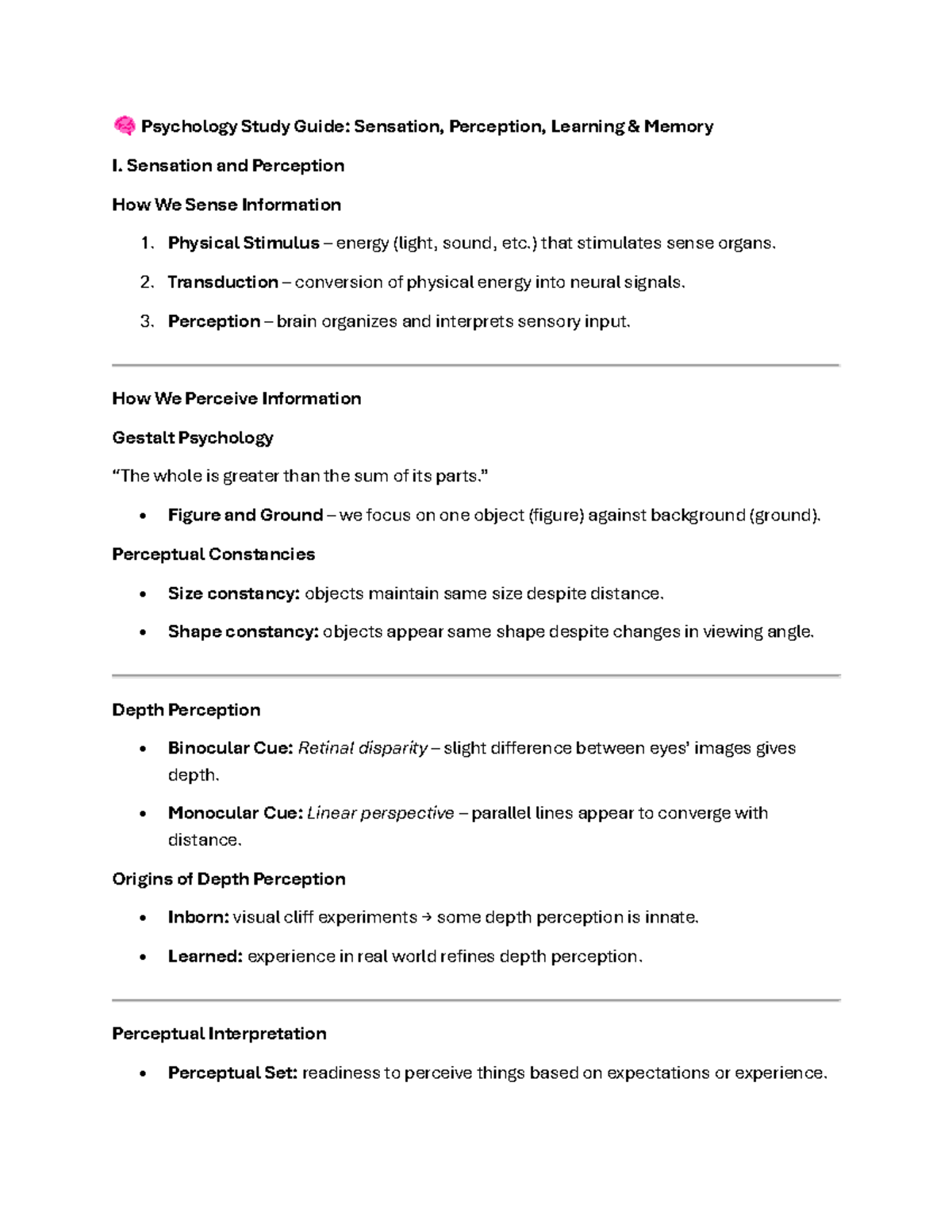Psychology Study Guide: Sensation, Perception, Learning & Memory I ...
