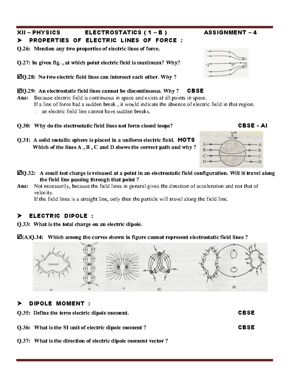 1 ( B ) 2024 - Assignment - 4 - XII – PHYSICS ELECTROSTATICS ( 1 – B ...