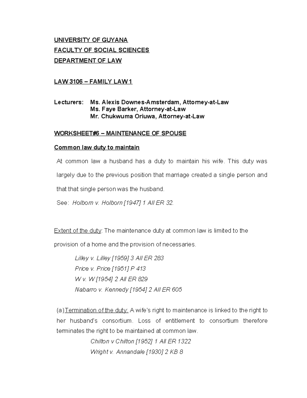 LAW 3106 - Worksheet #6: Maintenance of Spouse in Family Law - Studocu