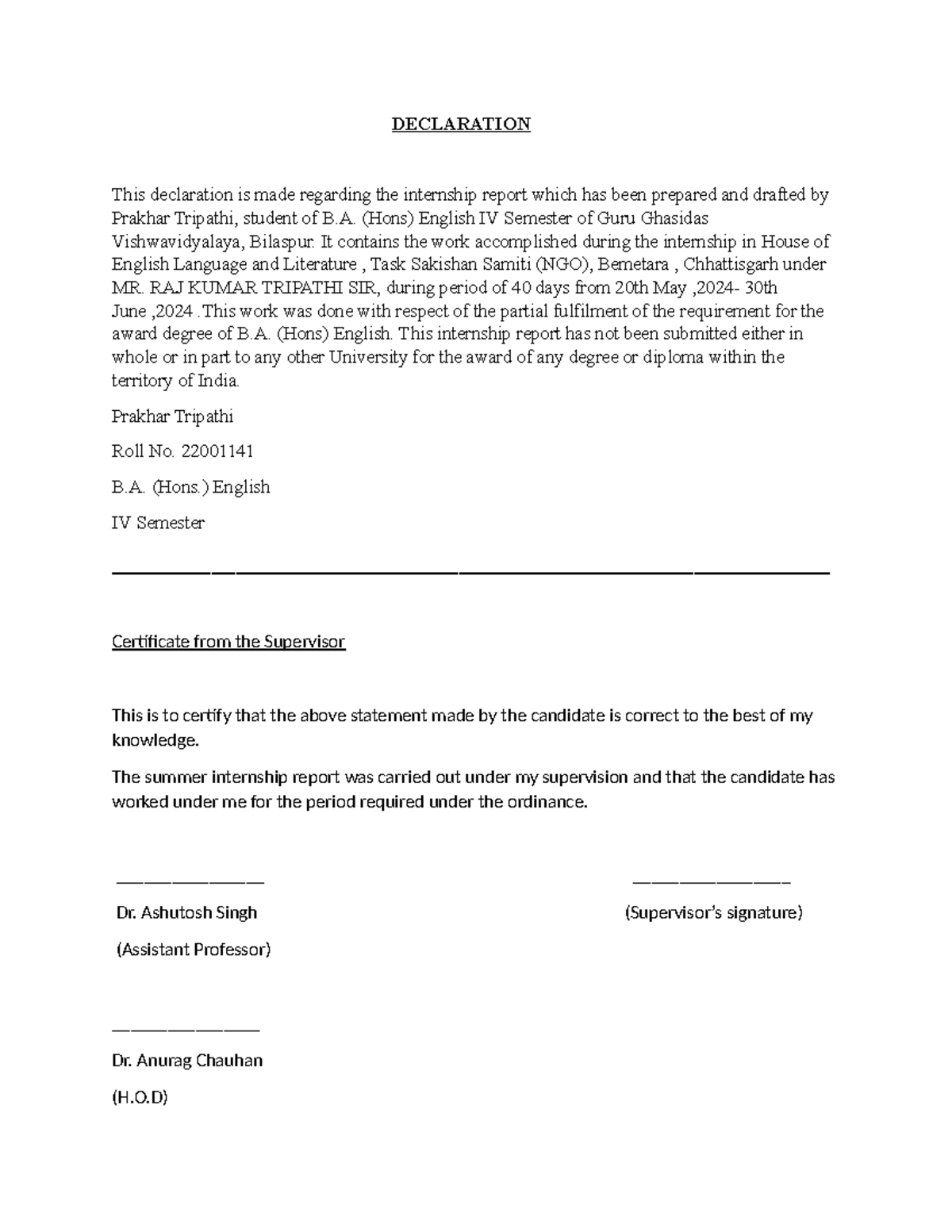 Declaration of Internship Report - B.A. (Hons) English IV Sem - Studocu