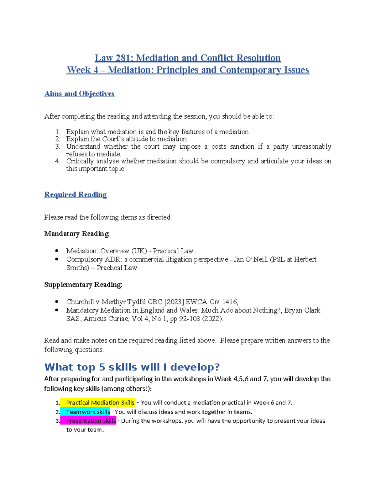 Law 281 - Week 4 - Mediation Principles and Development Skills - Studocu