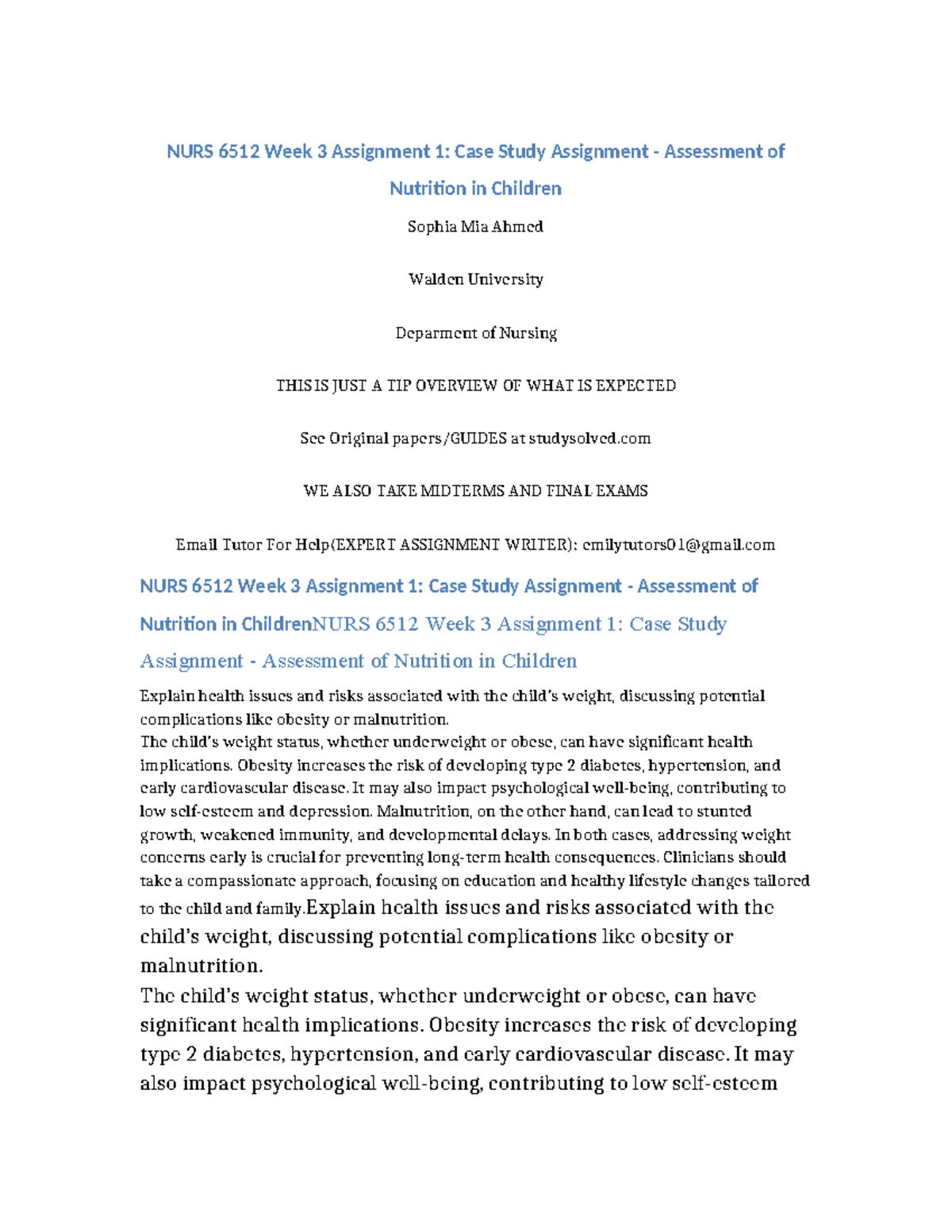 NURS 6512 Week 3 Assignment 1 Case Study Assignment - Assessment of ...