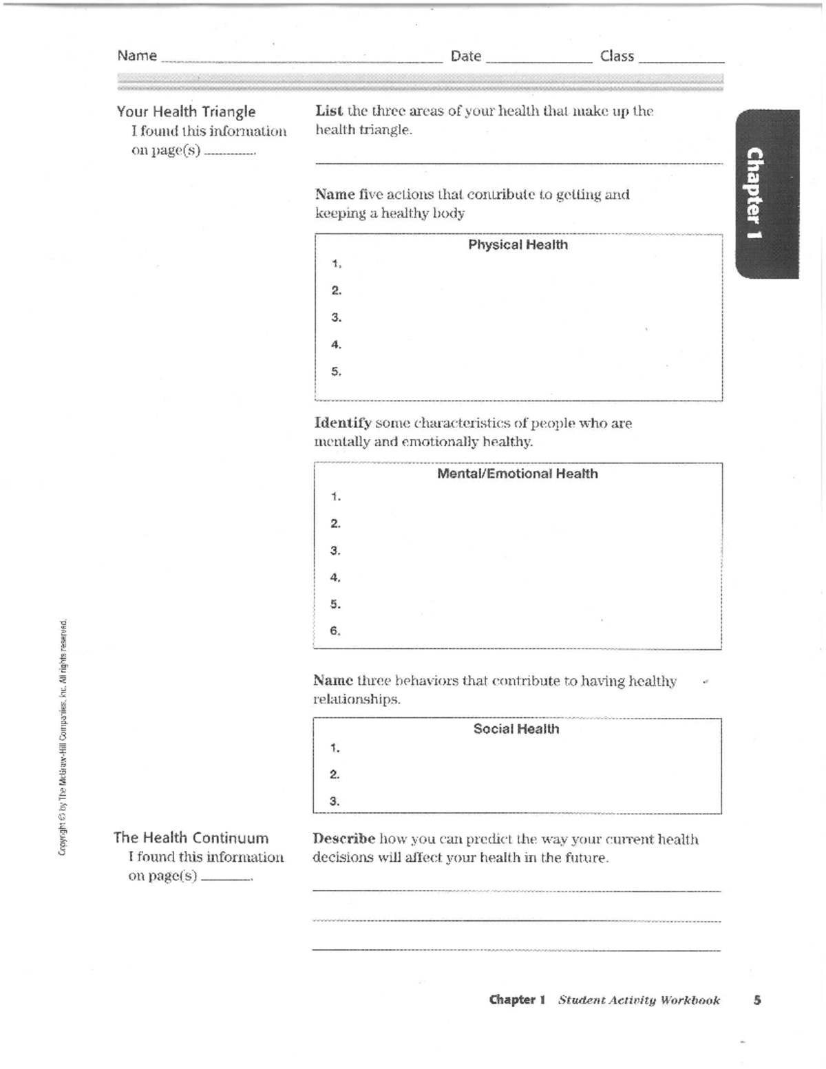 Chapter Notes - IDk - Name Date Class Your Health Triangle List the ...