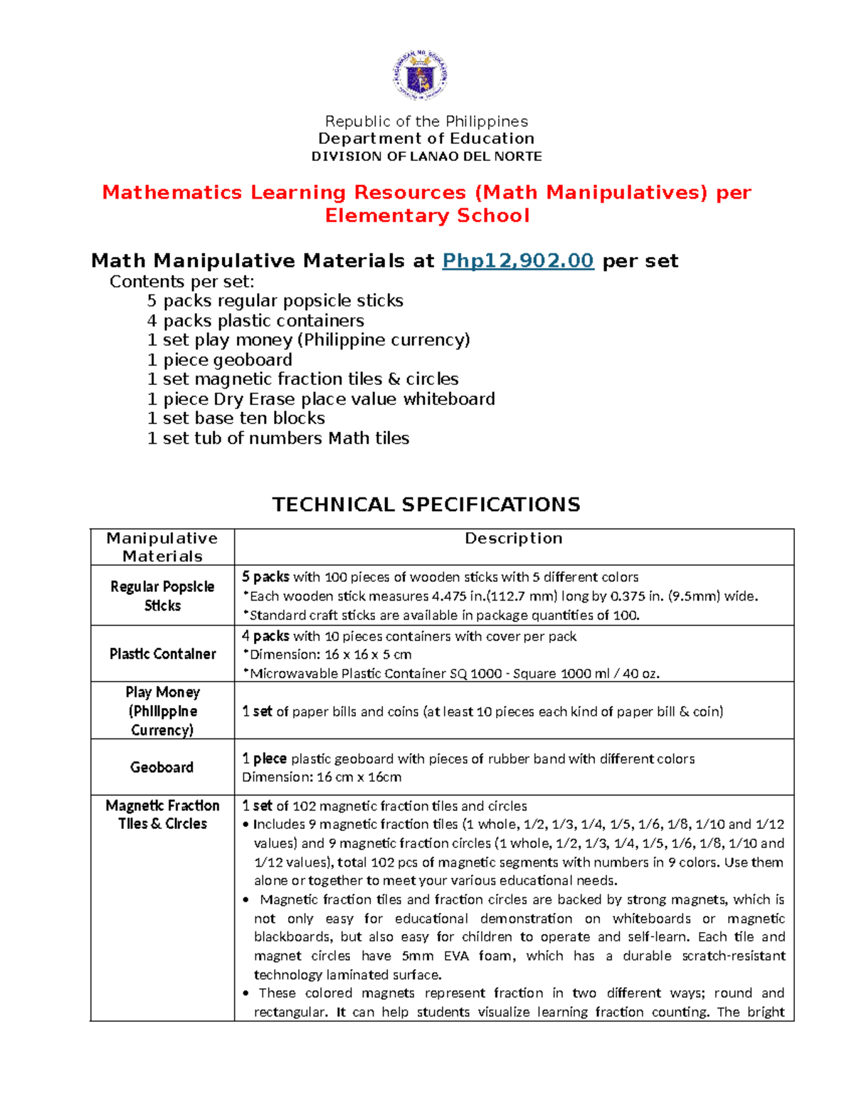 Math Manipulatives Technical Specs for Elementary Schools (DepEd LDN ...