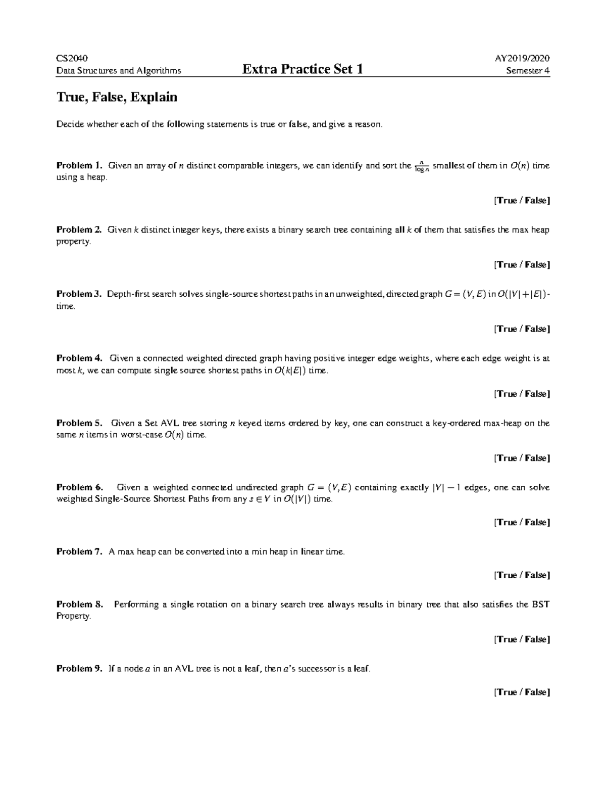 CS2040 TF Practice 1 - CS Data Structures and Algorithms Extra Practice Set 1 AY2019/ Semester 4 ...