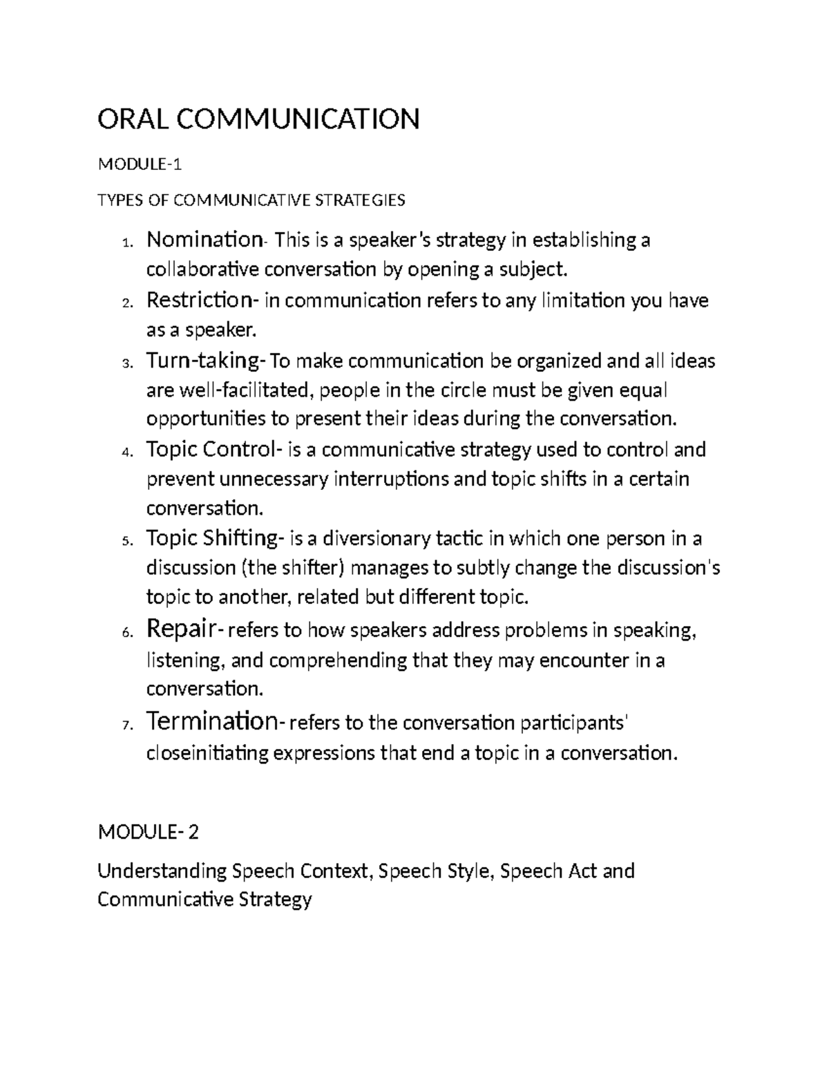 ORAL Communication - ORAL COMMUNICATION MODULE- TYPES OF COMMUNICATIVE ...