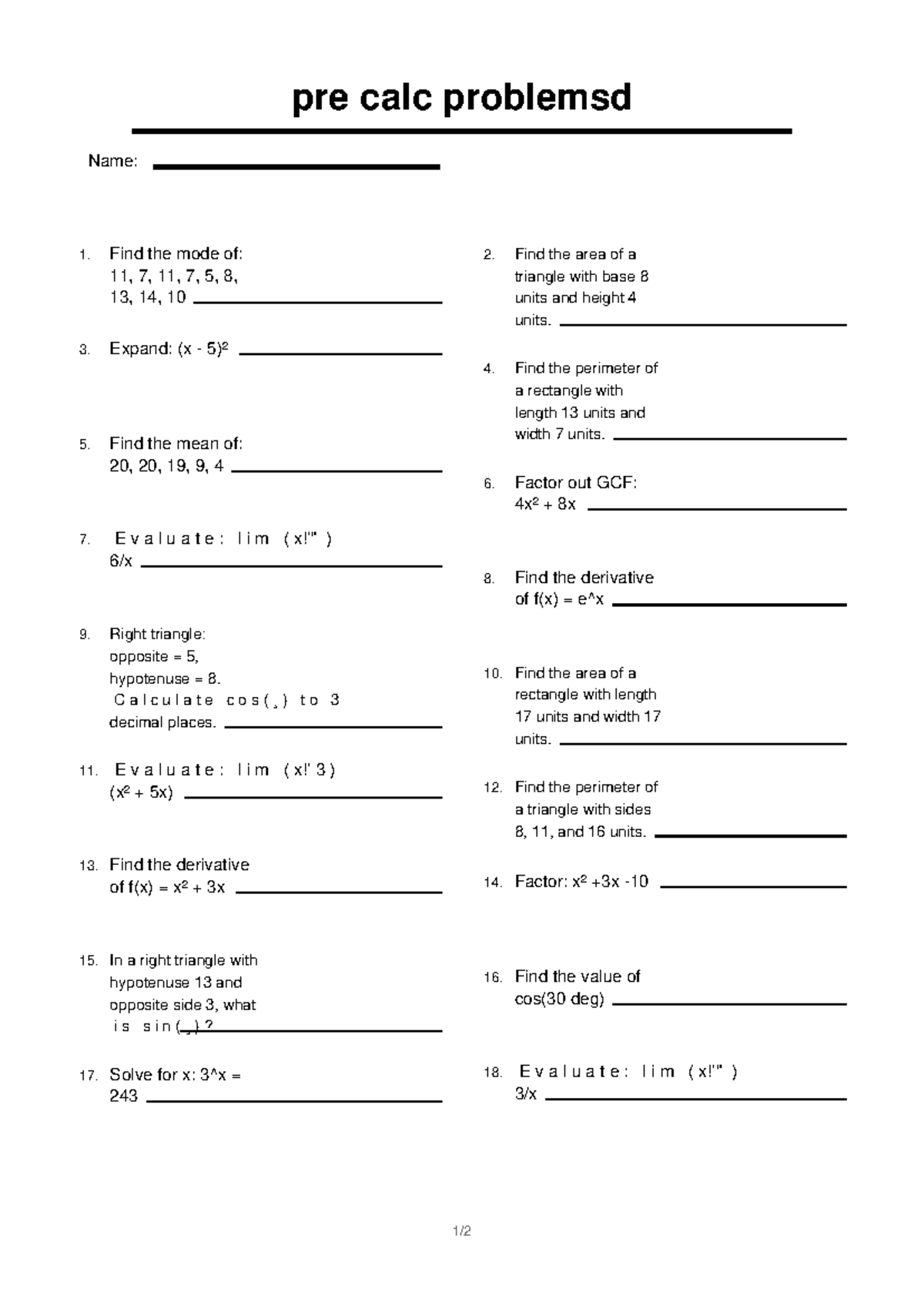Pre Calc Problems: Practice Questions and Solutions - Studocu